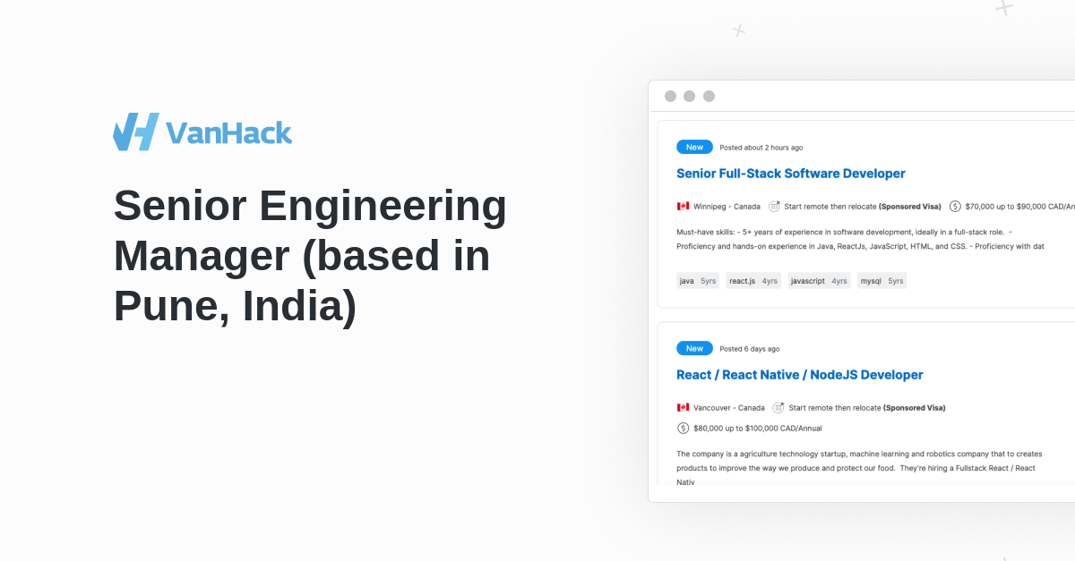 Senior Engineering Manager (based in Pune, India) - VanHack